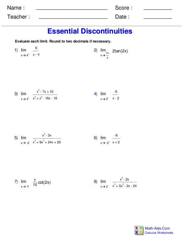 Calculus Worksheets Limits And Continuity Worksheets