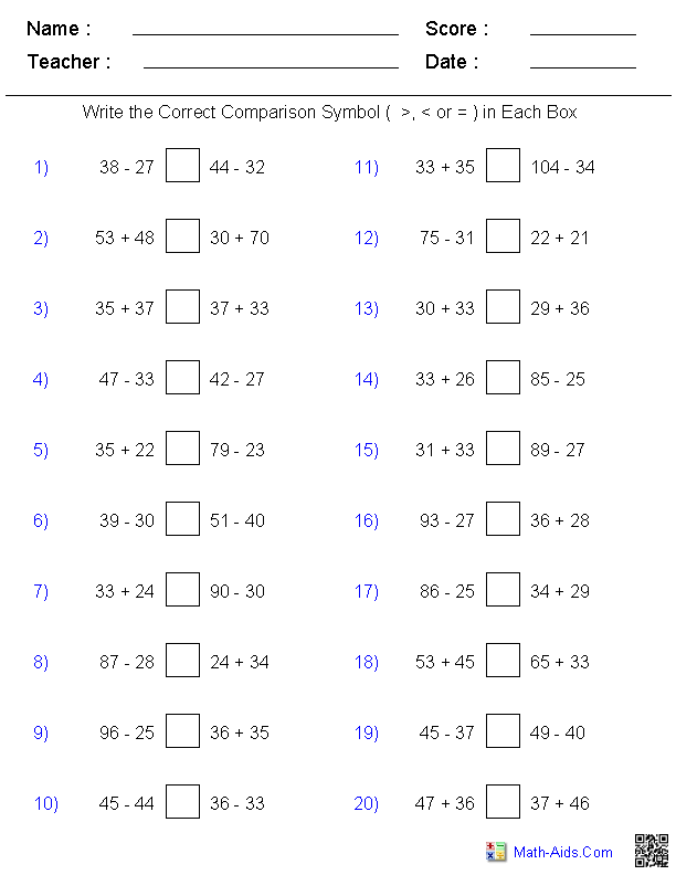 Greater Than Less Than Worksheets Math Aids Com