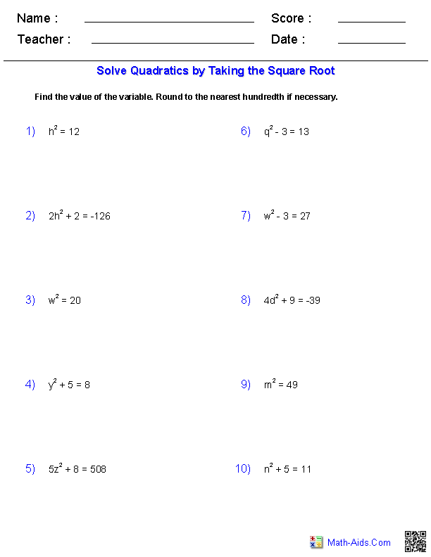Algebra 1 Worksheets Quadratic Functions Worksheets