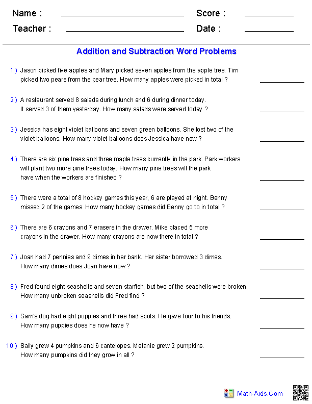 Word Problems Worksheets Dynamically Created Word Problems