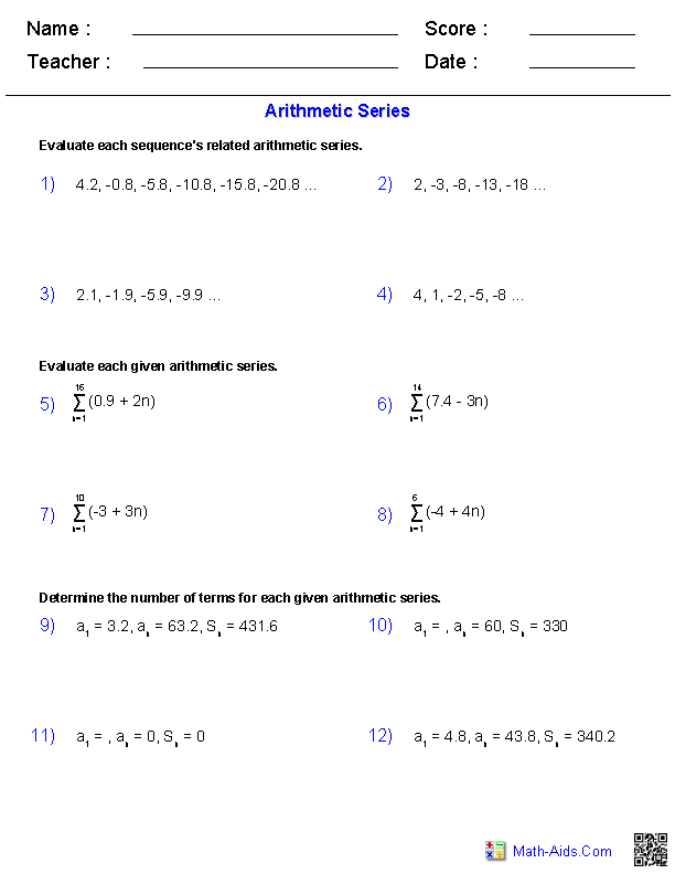 Algebra 2 Worksheets Sequences And Series Worksheets