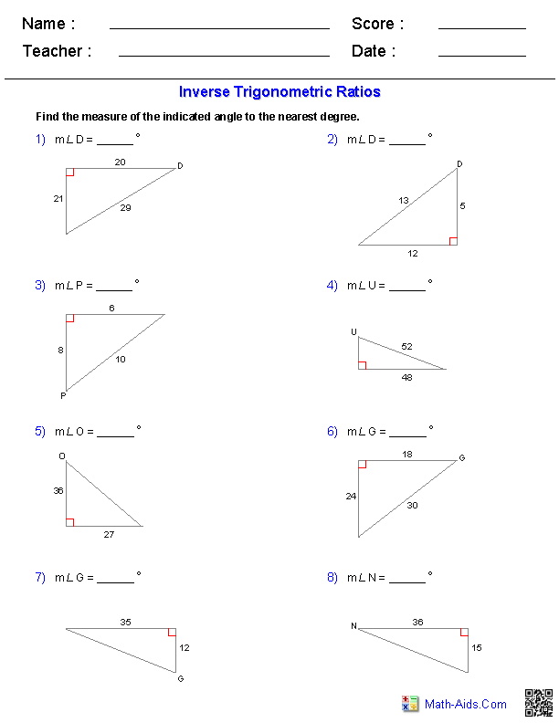 Algebra 1 Worksheets Trigonometry Worksheets